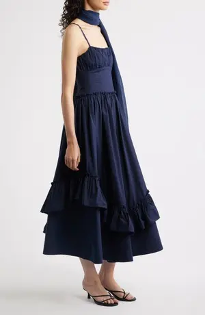 DAMSON MADDER Juno Ruffle Midi Dress With Scarf