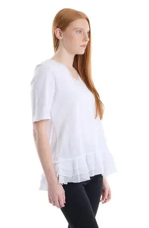 WILT CLOTHING V-neck Elbow Sleeve Mixed Media Tee - White