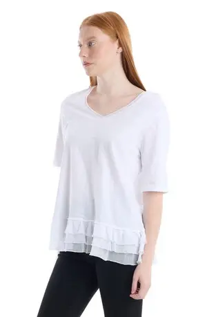 WILT CLOTHING V-neck Elbow Sleeve Mixed Media Tee - White