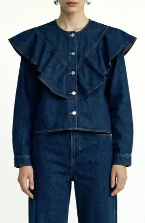 Vero Moda Ruffle Placket Denim Button-up Shirt