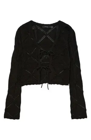 Vero Moda Lola Tie-front Pointelle Knit Cotton Cardigan - Black