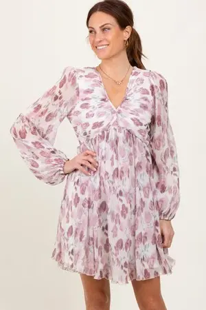 PINKBLUSH Floral Chiffon Plisse Mini Dress - Cream