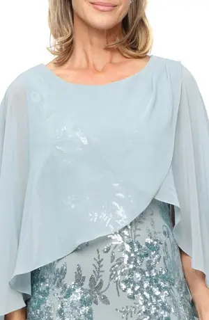 SL FASHIONS Sequin Floral Gown With Cape Overlay - Sage