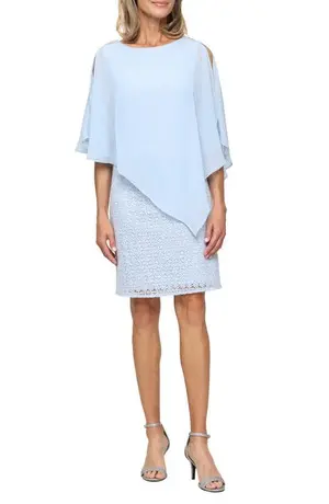 SL FASHIONS Sequin Cocktail Dress With Cape Overlay - Light Blue
