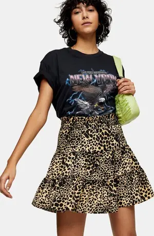 Topshop Animal Print Shirred Mini Skirt