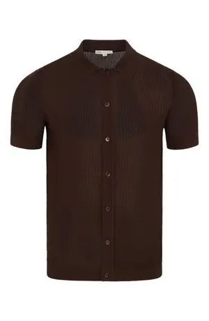 Onia Crochet Knit Button Up Short Sleeve Shirt - Espresso