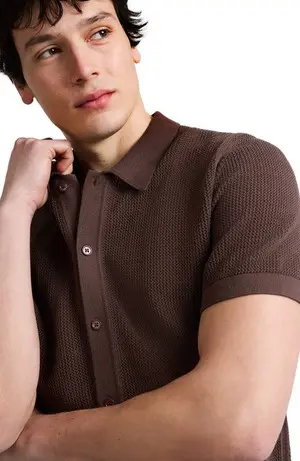 Onia Crochet Knit Button Up Short Sleeve Shirt - Espresso