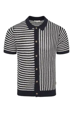 Onia Knit Linen Button-up Short Sleeve - Midnight/egret
