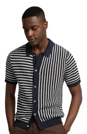 Onia Knit Linen Button-up Short Sleeve - Midnight/egret