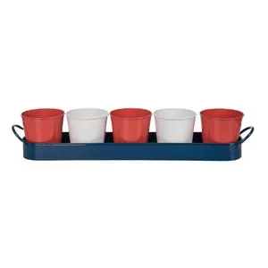 TRANSPAC Metal Tray With Red White Blue Pots For Home Decorations Patriotic Planters And Metal Accents - Multicolored