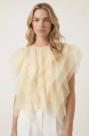 MODENAIRE Sheer Ruffled Tulle Blouse - Cream