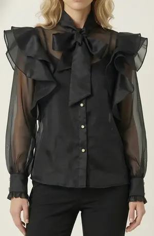 MODENAIRE Ruffle Bow Tie Button-front Blouse