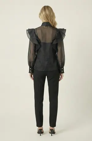 MODENAIRE Ruffle Bow Tie Button-front Blouse