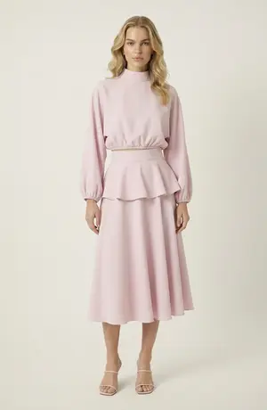 MODENAIRE Mock Neck Top And Peplum Skirt Set