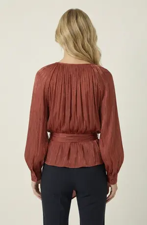 MODENAIRE Long Sleeve Tie Neck Belted Blouse