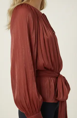 MODENAIRE Long Sleeve Tie Neck Belted Blouse