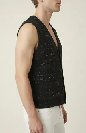 MODENAIRE Textured Knit V-neck Button-front Vest - Black
