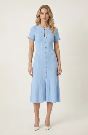MODENAIRE Button-front Knit Midi Dress With Ruffled Short Sleeves - Blue