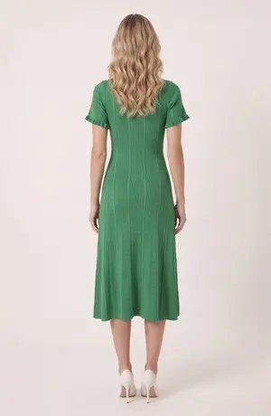 MODENAIRE Button-front Knit Midi Dress With Ruffled Short Sleeves - Green