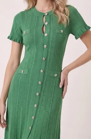 MODENAIRE Button-front Knit Midi Dress With Ruffled Short Sleeves - Green