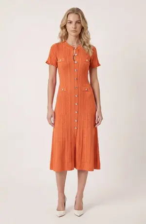 MODENAIRE Button-front Knit Midi Dress With Ruffled Short Sleeves - Orange
