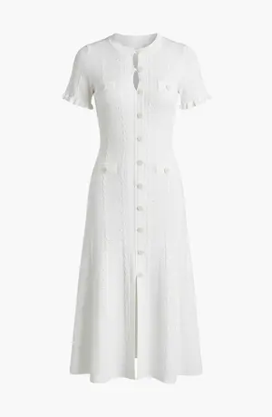 MODENAIRE Button-front Knit Midi Dress With Ruffled Short Sleeves - White