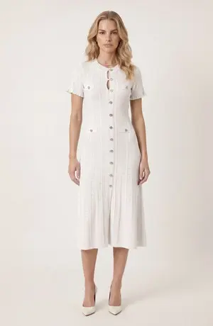 MODENAIRE Button-front Knit Midi Dress With Ruffled Short Sleeves - White