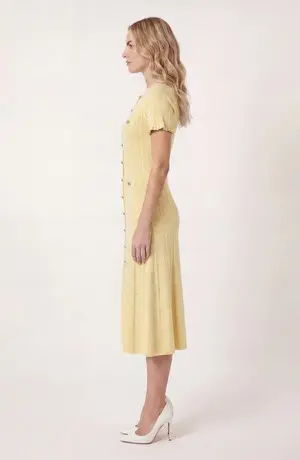 MODENAIRE Button-front Knit Midi Dress With Ruffled Short Sleeves - Yellow