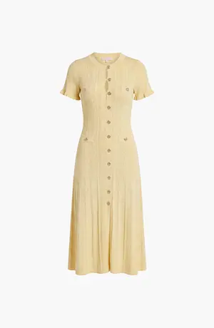 MODENAIRE Button-front Knit Midi Dress With Ruffled Short Sleeves - Yellow