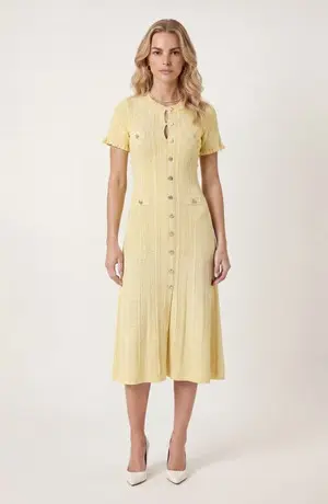 MODENAIRE Button-front Knit Midi Dress With Ruffled Short Sleeves - Yellow