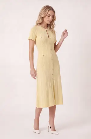 MODENAIRE Button-front Knit Midi Dress With Ruffled Short Sleeves - Yellow