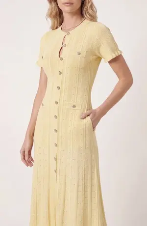 MODENAIRE Button-front Knit Midi Dress With Ruffled Short Sleeves - Yellow