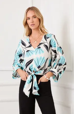 Karen Kane Tie Front Printed Top - Print