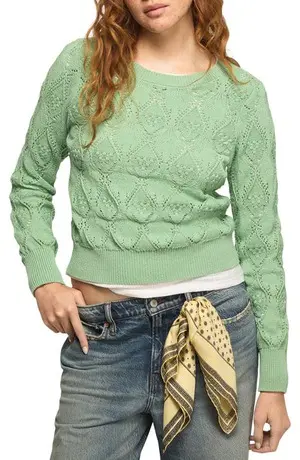 Lucky Brand Open Stitch Crewneck Sweater - Grayed Jade