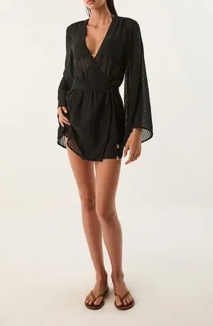 VIX PAULA HERMANNY Winnie Long Sleeve Sheer Linen Blend Cover-up Wrap Minidress - Black