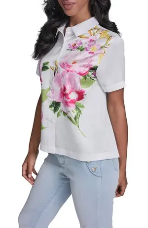 Karl Lagerfeld Paris Floral Placement Crepe Button-up Shirt