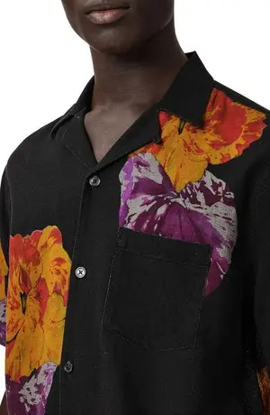 ALLSAINTS Nouvelle Floral Linen & Cotton Camp Shirt - Jet Black
