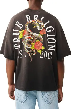 True Religion Oversized Floral Snake Graphic T-shirt - Jet Black