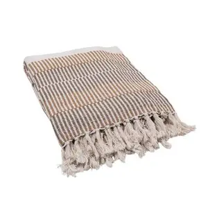 STORIED HOME Woven Cotton Blend Throw With Stripes And Fringe - Beige