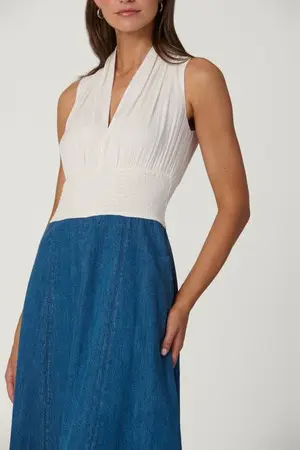 Shoshanna Crinkle Chiffon Denim Combo Bentley Dress