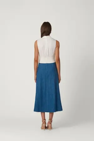 Shoshanna Crinkle Chiffon Denim Combo Bentley Dress
