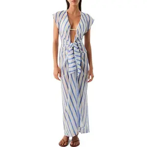 VIX PAULA HERMANNY Sasha Tie Front Cotton Cover-up Dress - Blue/white Multi