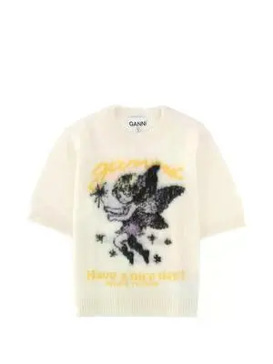 GANNI Graphic-detail Short-sleeve Sweater - Neutrals