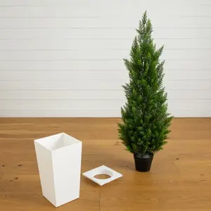 NEARLY NATURAL Uv Resistant Artificial Cedar Tree In White Tower Planter 56
