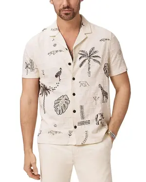 John Varvatos Beeston Short Sleeve Camp Collar Shirt With Safari Daytime Embroidery - Light Khaki