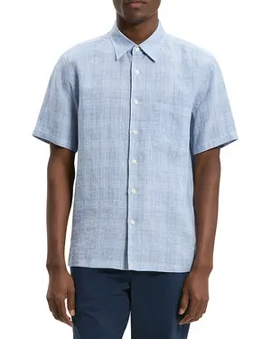 Theory Irving Short Sleeve Shirt In Relaxed Linen - Crisp Blue Multi