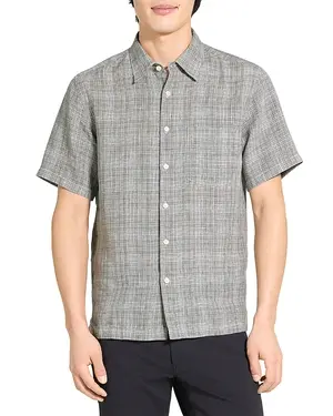 Theory Irving Short Sleeve Shirt In Relaxed Linen - Pine Grove Multi
