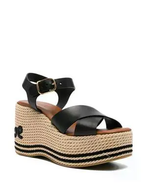Chloé Logo Embroidered Platform Wedge Sandals - Black