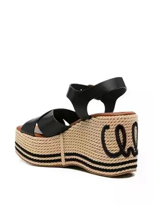 Chloé Logo Embroidered Platform Wedge Sandals - Black