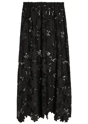 SOLAQUA Margaux Embroidered Guipure-lace Maxi Skirt - Black